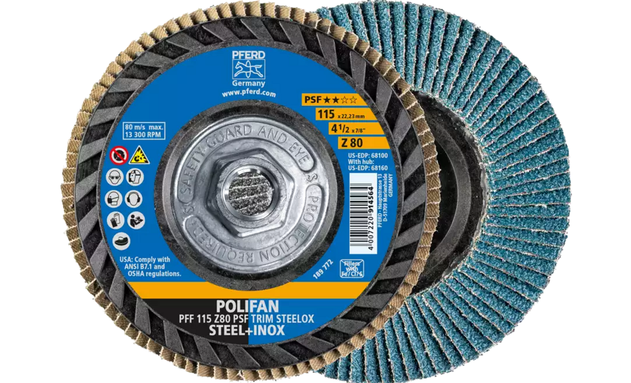 PFERD 68160 Polifan Flap Disc | 5/8-11" Arbor Hole | 4-1/2" Diameter | Zirconia Alumina 80 Grit ...