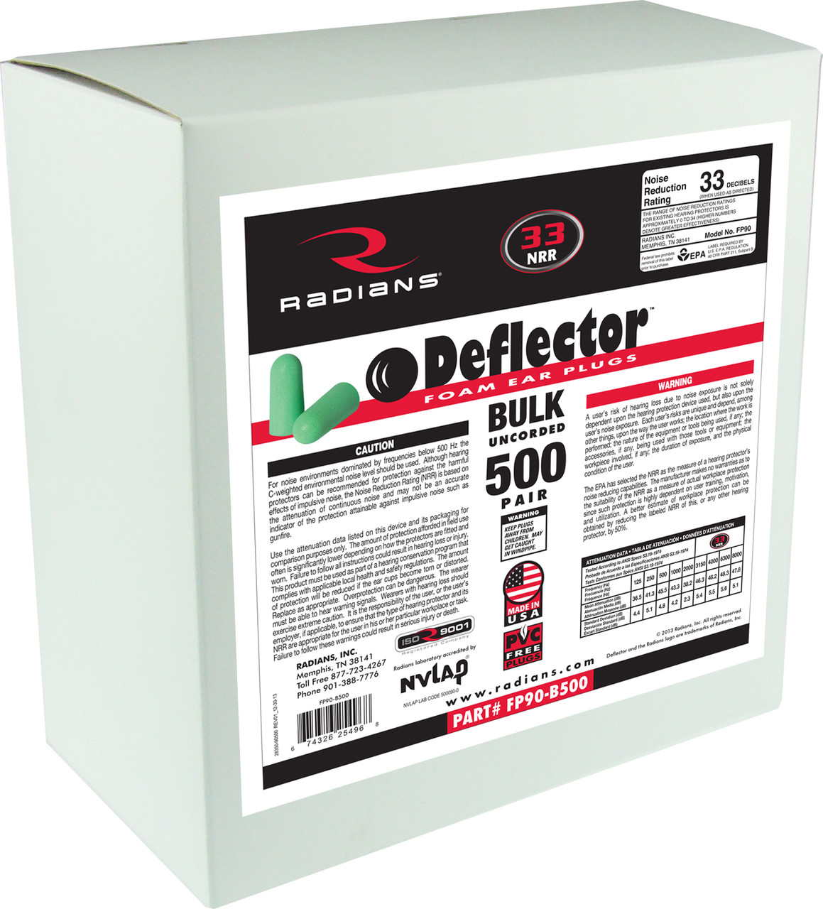 Radians Deflector FP90-B500 - Uncorded 33 NRR Disposable Foam Earplug ...