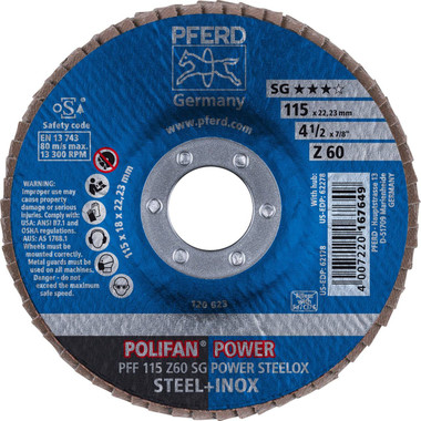 PFERD 62178 Polifan Flap Disc | 7/8" Arbor Hole | 4-1/2" Diameter | Zirconia Alumina 60 Grit ...