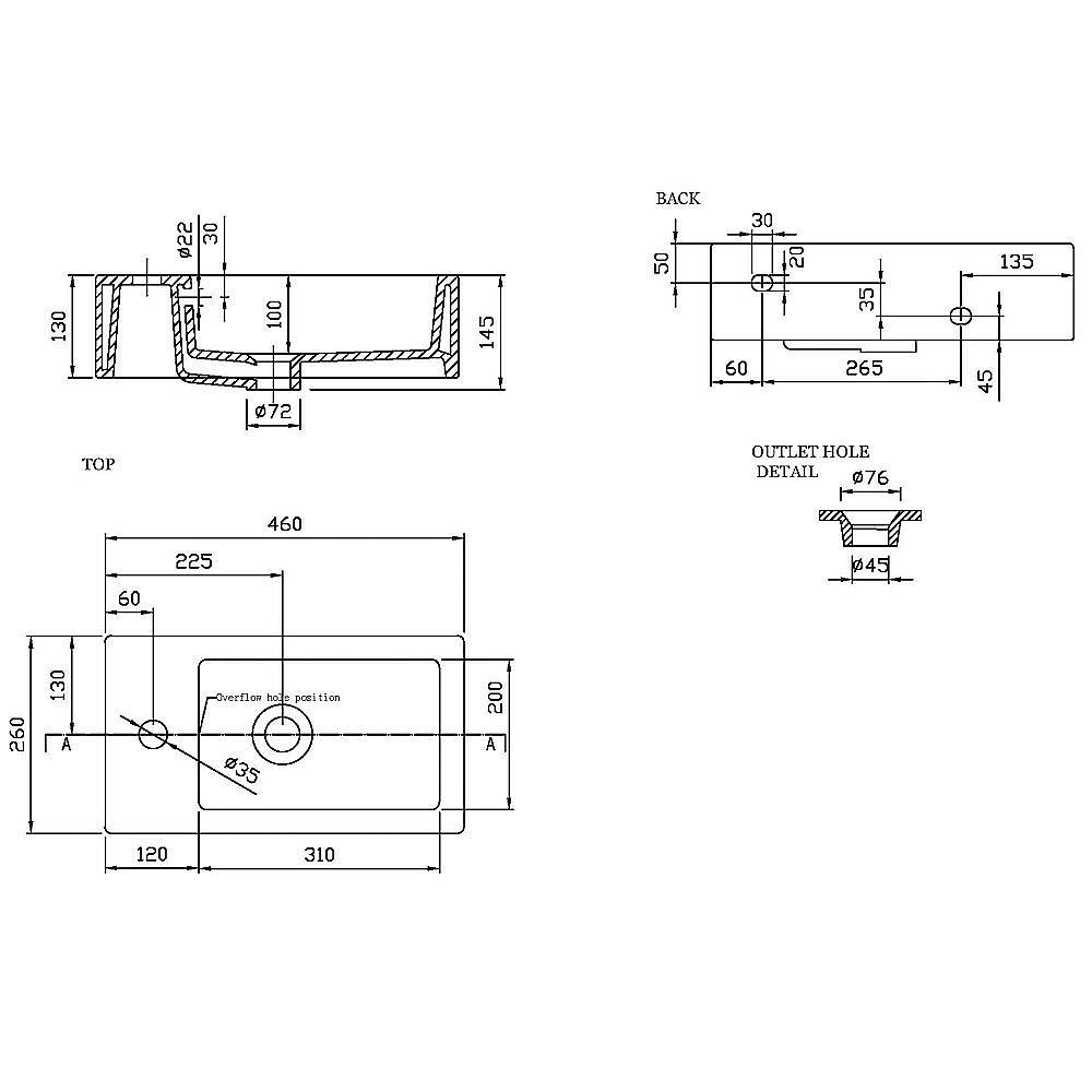 Raymor BASIN WALL HUNG PROJIX 1TH R/H WHT 463 X 260MM