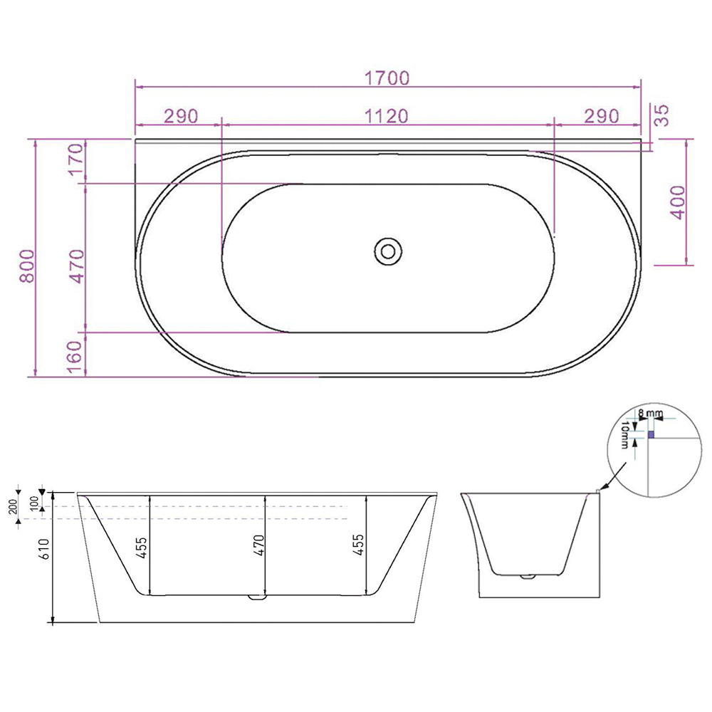 Raymor Alpha Back-To-Wall Freestanding Bath 1700mm White