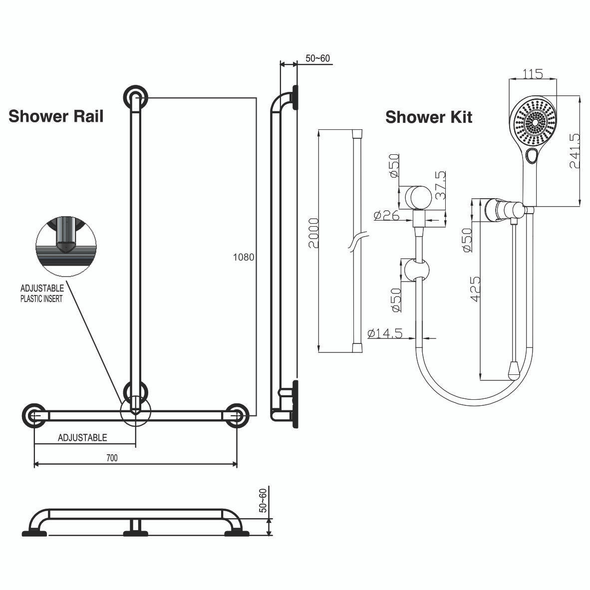Raymor Care Shower Set Inverted T Adjustable Polished Stainless Steel