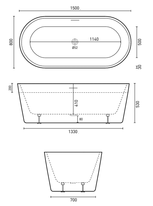 Raymor Winton Freestanding Bath 1500mm with Integrated Overflow in White