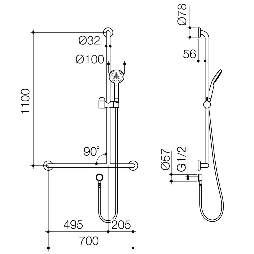 Caroma Care Support Shower Set with Inverted T Rail RH Chrome in Chrome