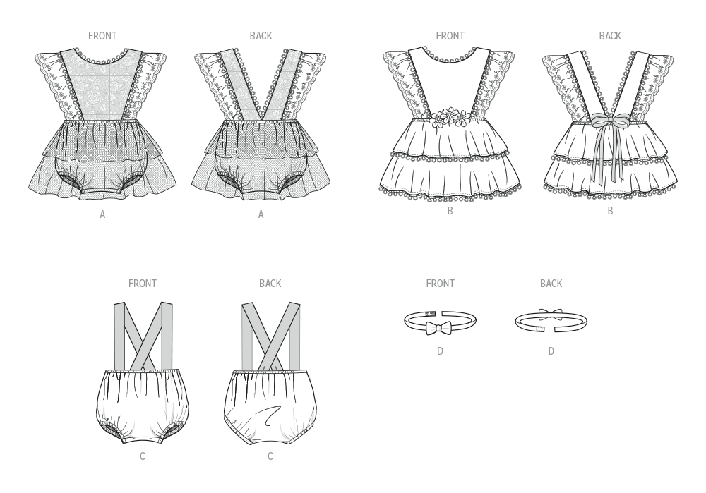 B7031 | Butterick Sewing Pattern Babies' Rompers and Bow Tie | Butterick