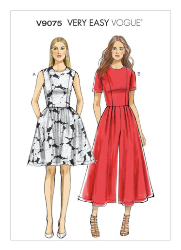 V9075 | Misses'/Misses' Petite Gathered Dress and Pleated Jumpsuit ...