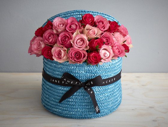 Jane Packer Delivered Large Blue Hatbox With Pink Roses