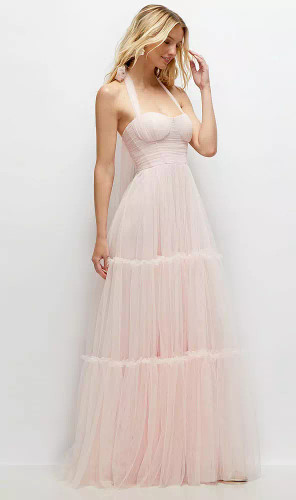Bustier-Style Neu Tulle Tiered Maxi Dress with Convertible Straps