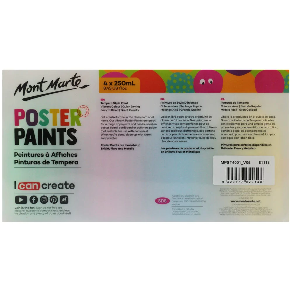 Mont Marte - Poster Paints 250ml 4 Pack Bright