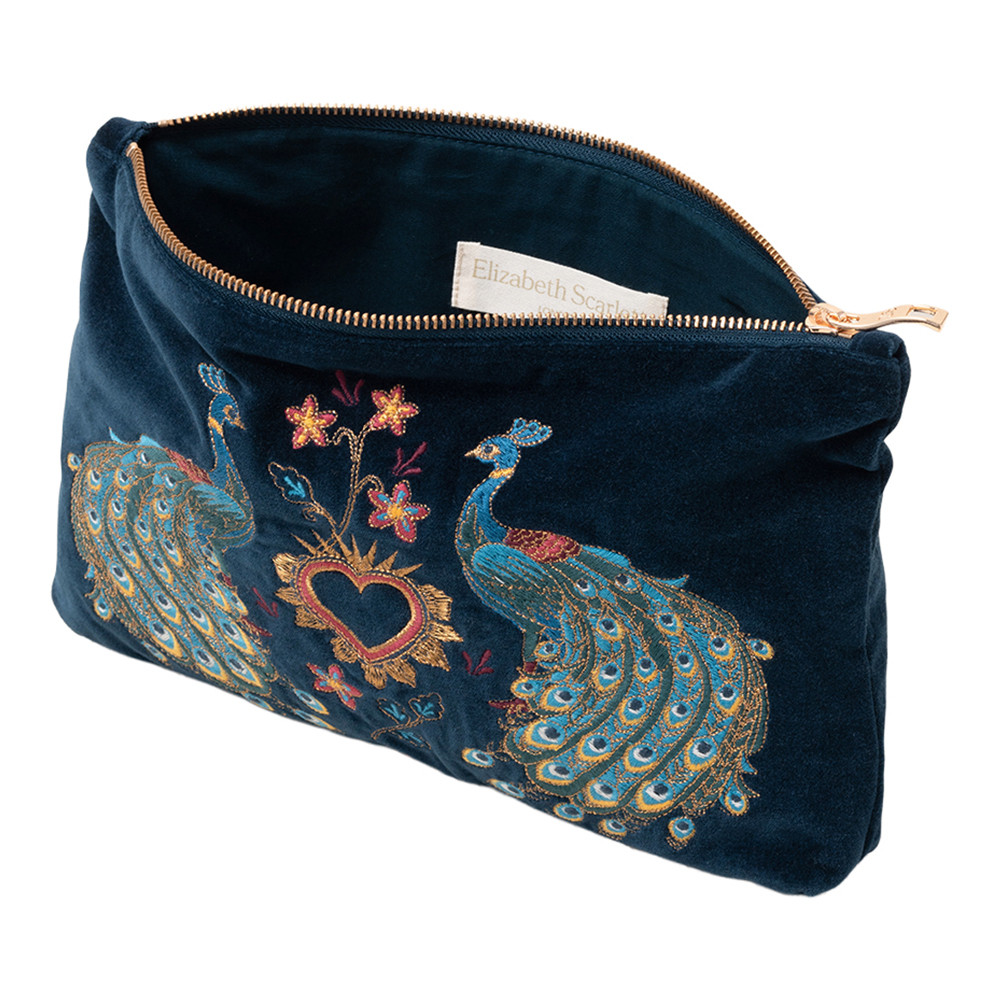 Elizabeth Scarlett Peacock Floral Ink Blue Velvet Everyday Pouch | Bath ...