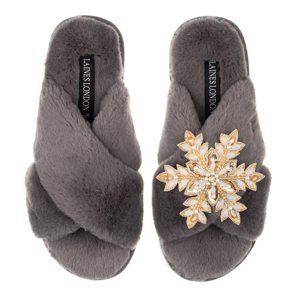 Laines London Classic Grey Slippers with Snowflake Brooch | Bath ...