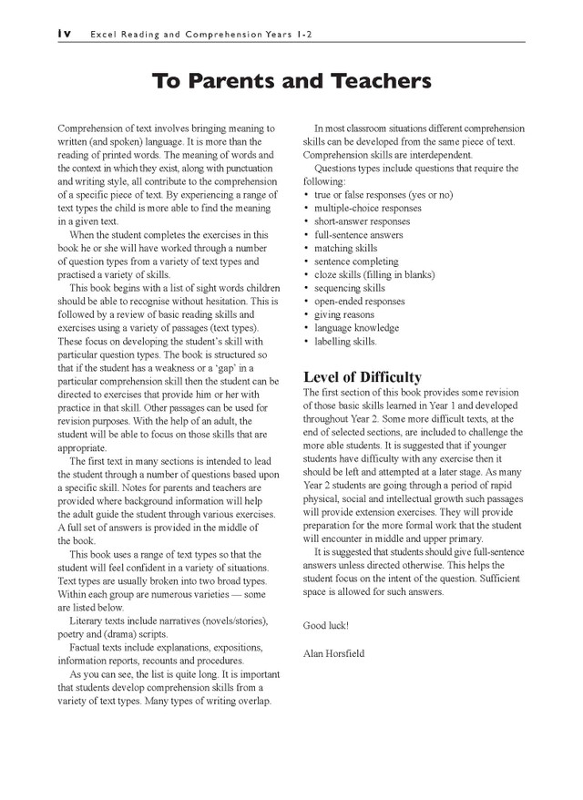 Excel Basic Skills Reading and Comprehension Years 1Ã¢â‚¬â€œ2 | Pascal ...