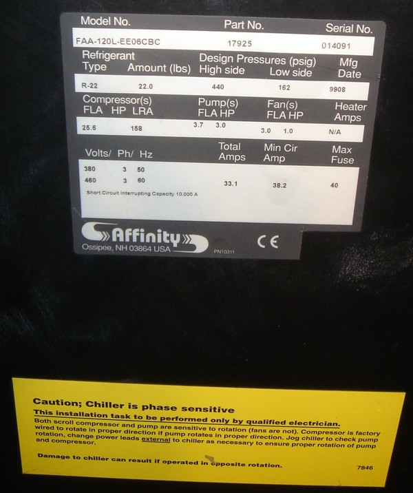 Affinity / Lydall 30kW Air-Cooled Recirculating Chiller, model FAA-120L ...