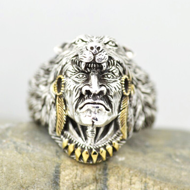 14K Gold and silver 925 Native American Chief Men's ring