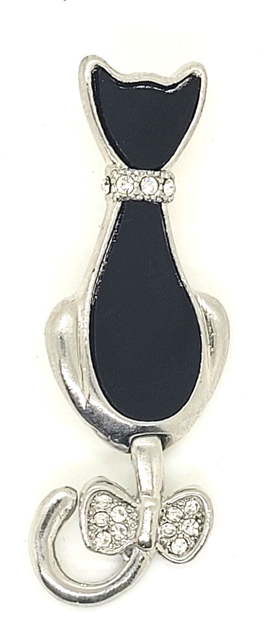 Vintage Black Enamel Cat Pin with Swarovski Crystals