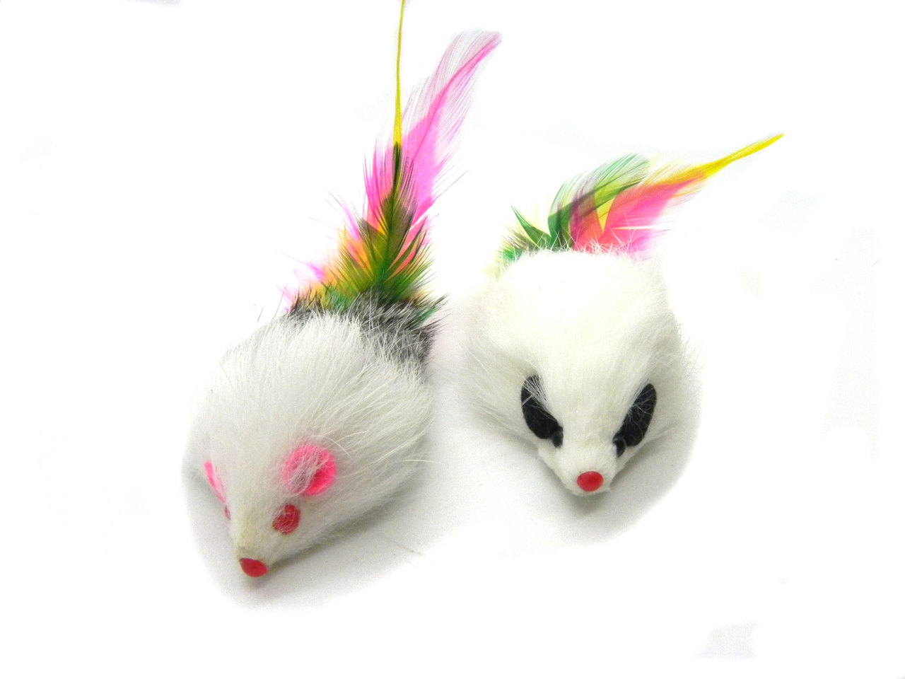 Real Rabbit Fur Long Hair Feather Tail Mouse Cat Toy - 2pk
