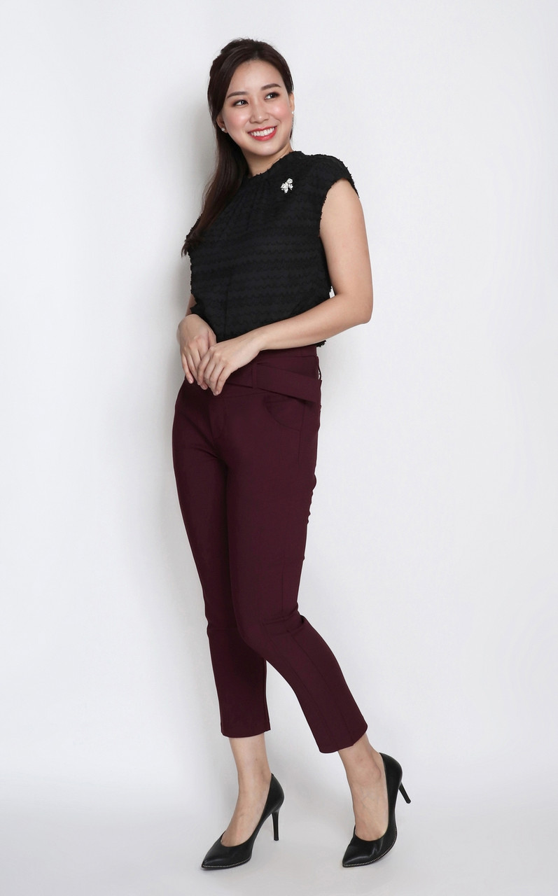 Belted Peg Trousers - Deep Berry | Singapore Online Shop for Office ...