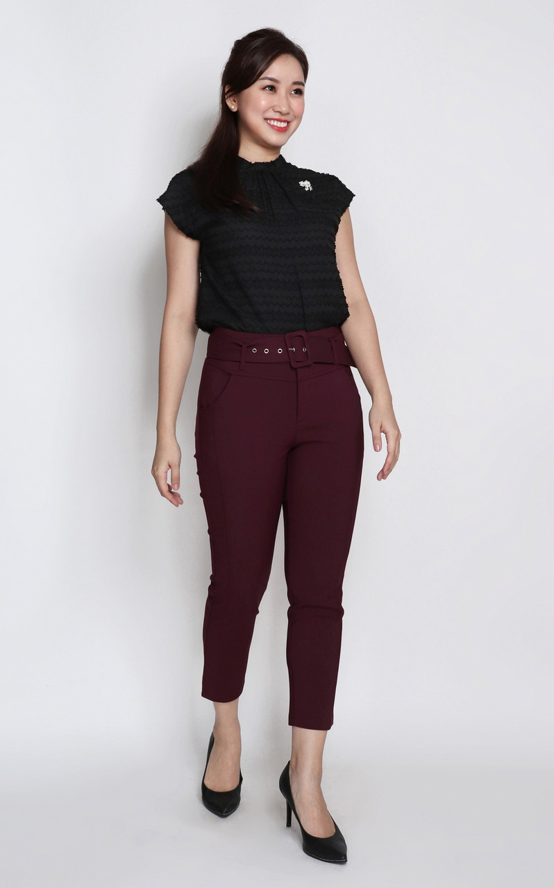 Belted Peg Trousers - Deep Berry | Singapore Online Shop for Office ...