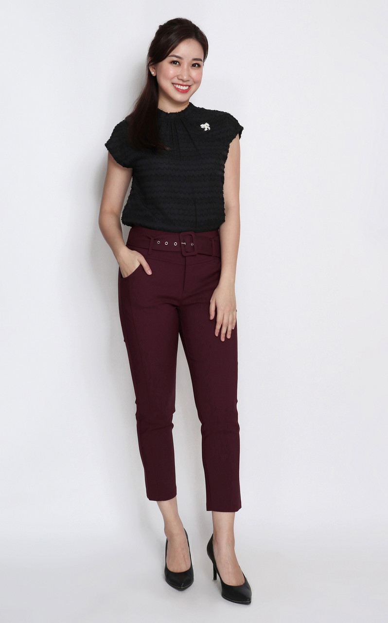 Belted Peg Trousers - Deep Berry | Singapore Online Shop for Office ...