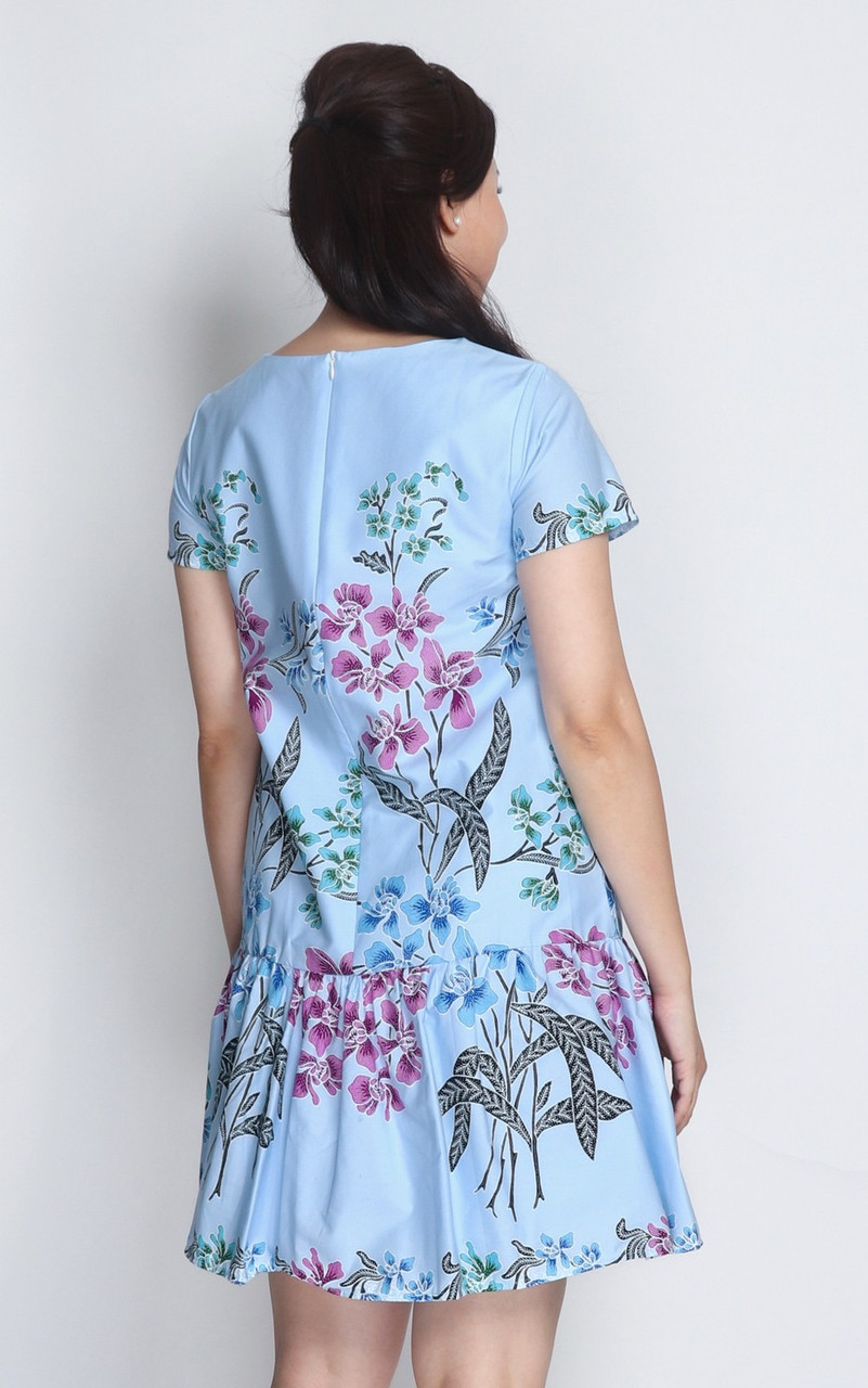 Batik Ruffle Hem Dress - Blue | Modern Batik Online Singapore