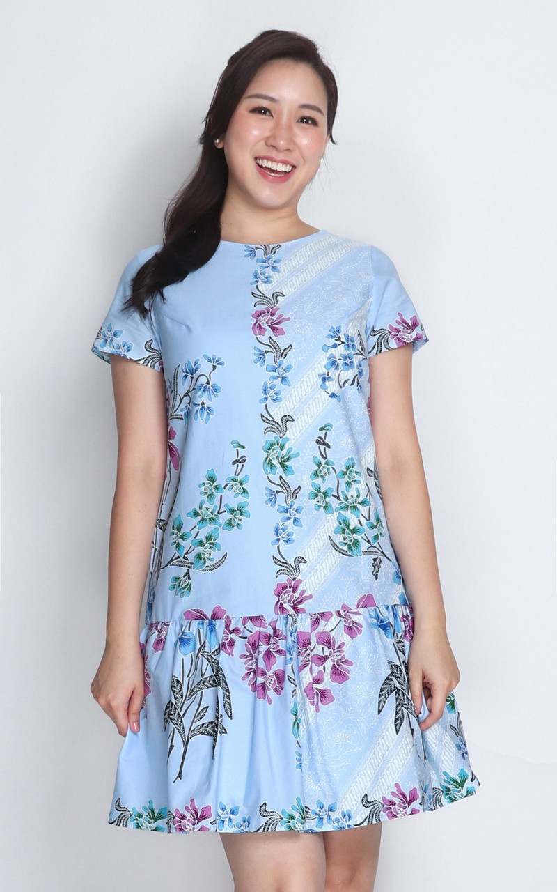 Batik Ruffle Hem Dress - Blue | Modern Batik Online Singapore