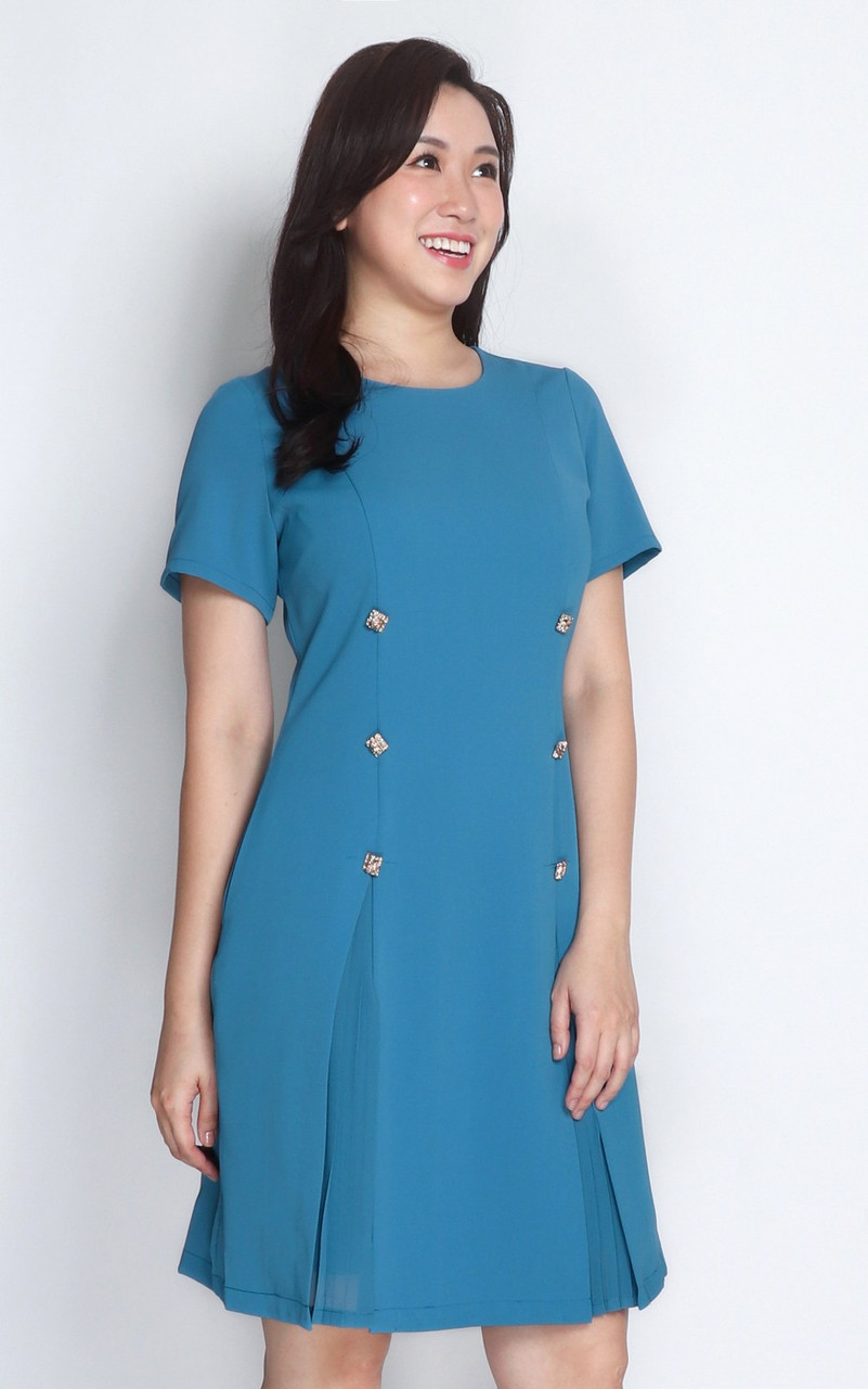 Pleated Chiffon Panel Work Dress - Turquoise | Singapore Online Work Dress
