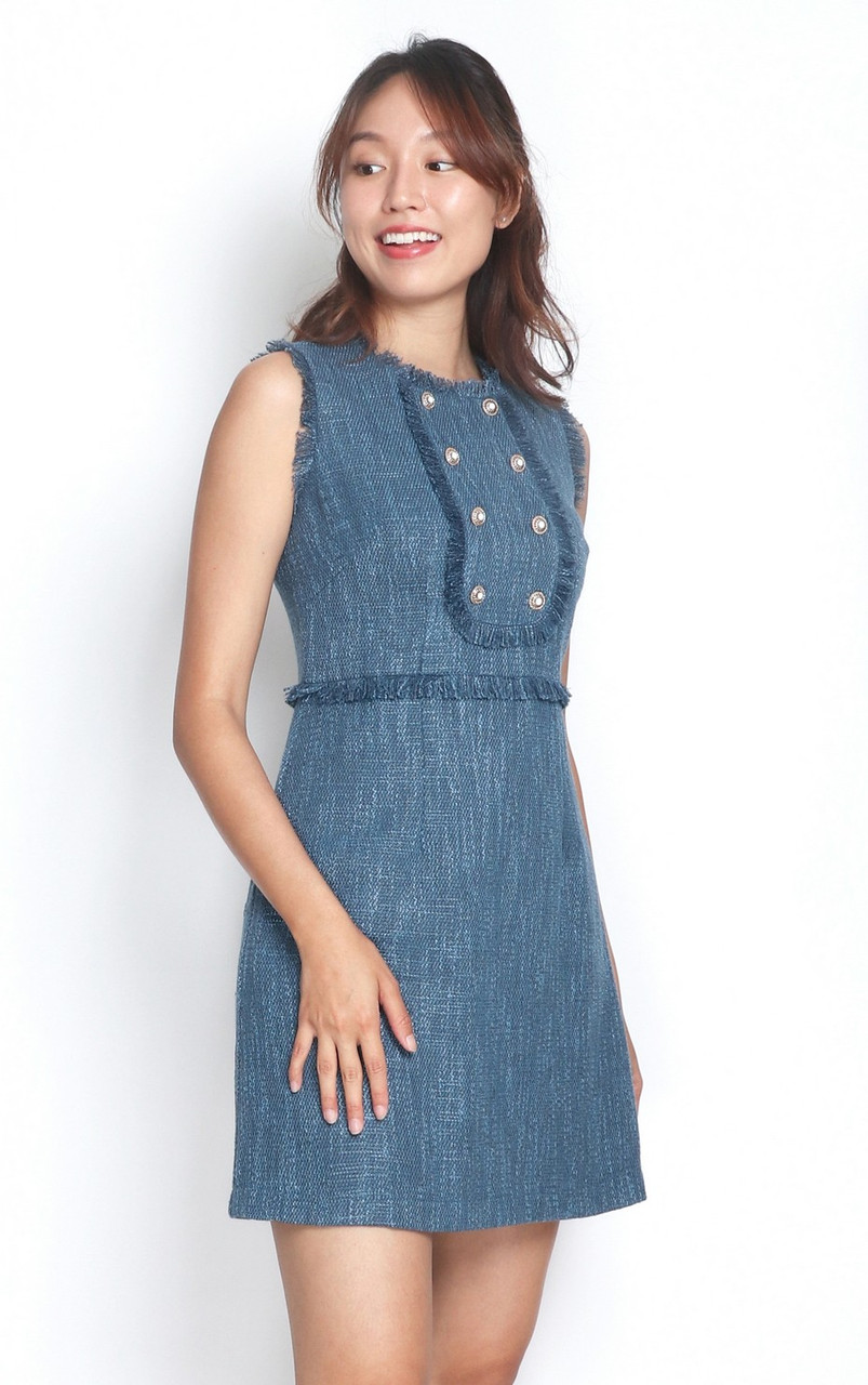 Buttons Tweed Dress - Blue | Women Office Dress