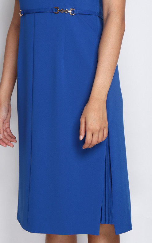 Chain Side Pleats Work Dress - Cobalt | OL Office Lady Fashion Singapore