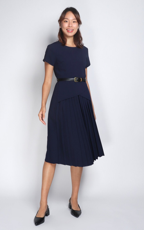 Ada Pleated Dress - Navy | Singapore Ladies Work Wear