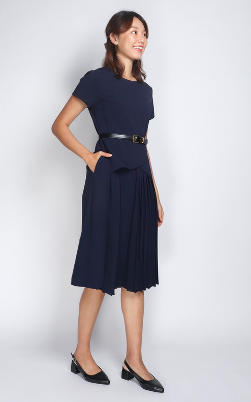 Ada Pleated Dress - Navy | Singapore Ladies Work Wear