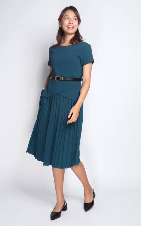 Ada Pleated Dress - Teal | Singapore Ladies Work Wear
