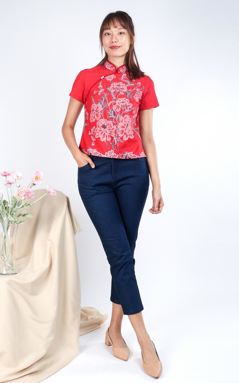 Peony Batik Cheongsam Top - Red | CNY 2026 Modern Batik Cheongsam Singapore