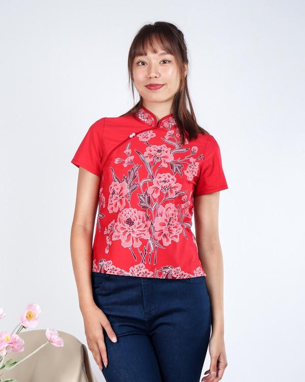 Peony Batik Cheongsam Top - Red | CNY 2026 Modern Batik Cheongsam Singapore