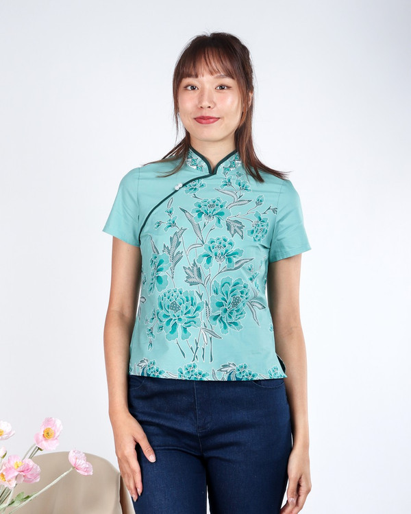 Peony Batik Cheongsam Top - Jade | CNY 2026 Modern Batik Cheongsam ...