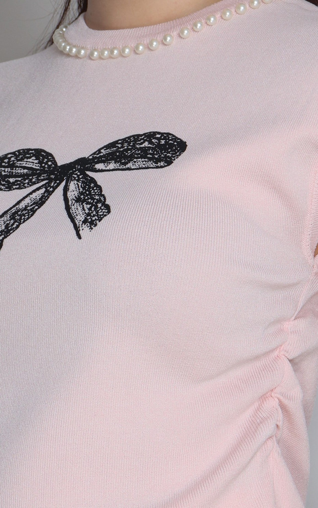 Ribbon Pearls Knit Top - Pink | Ladies Office Wear Online Singapore