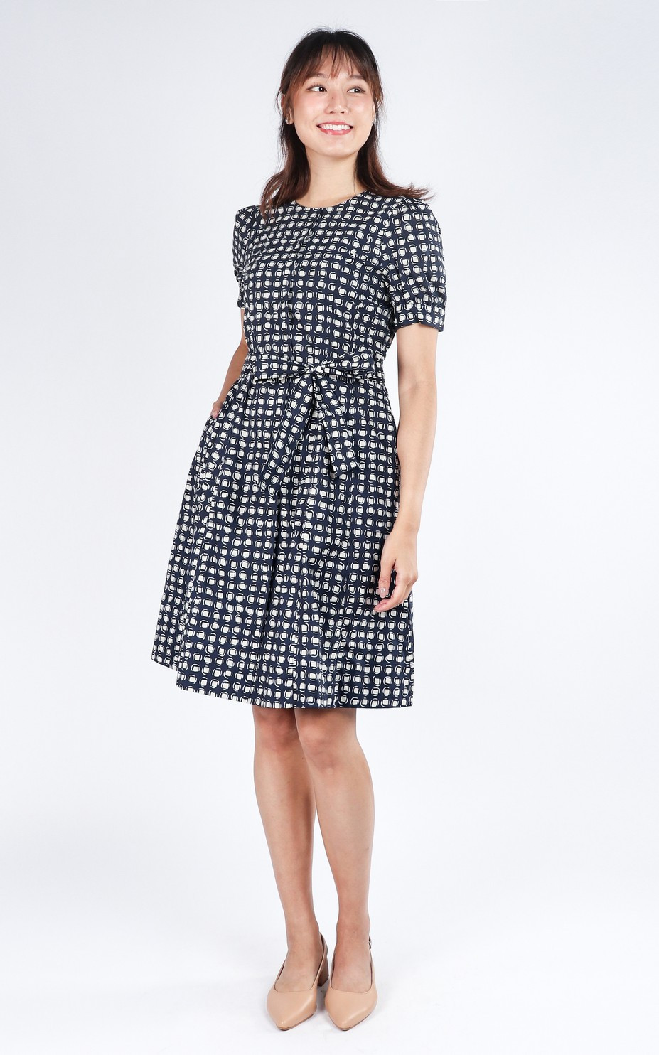Katie Printed Puff Sleeves Dress - Navy | Modern Workwear Singapore ...
