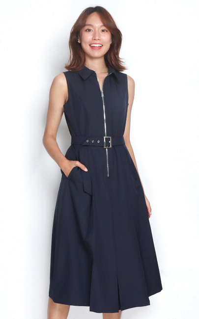 Zipper Box Pleated Dress - Navy | Ladies Office Wear Online Singapore