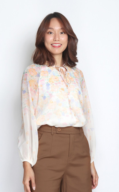 Cascading Floral Chiffon Top - Apricot | Ladies Workwear Online