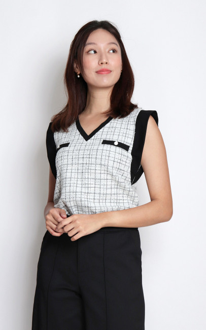 Contrast Tweed Knit Top - White | Online Office Wear Singapore
