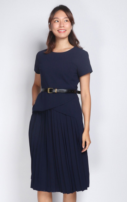 Ada Pleated Dress - Navy | Singapore Ladies Work Wear