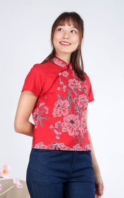 Peony Batik Cheongsam Top - Red | CNY 2026 Modern Batik Cheongsam Singapore