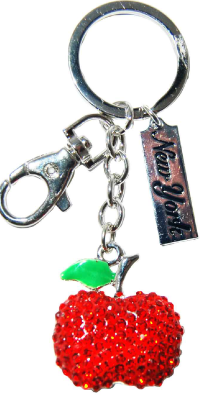 Red Apple Key Ring with Green Leaf with Diamonds & New York Tag