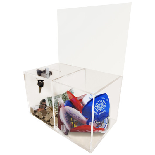 Dual Bin Clear Acrylic Donation Box with Lock & Sign Panel