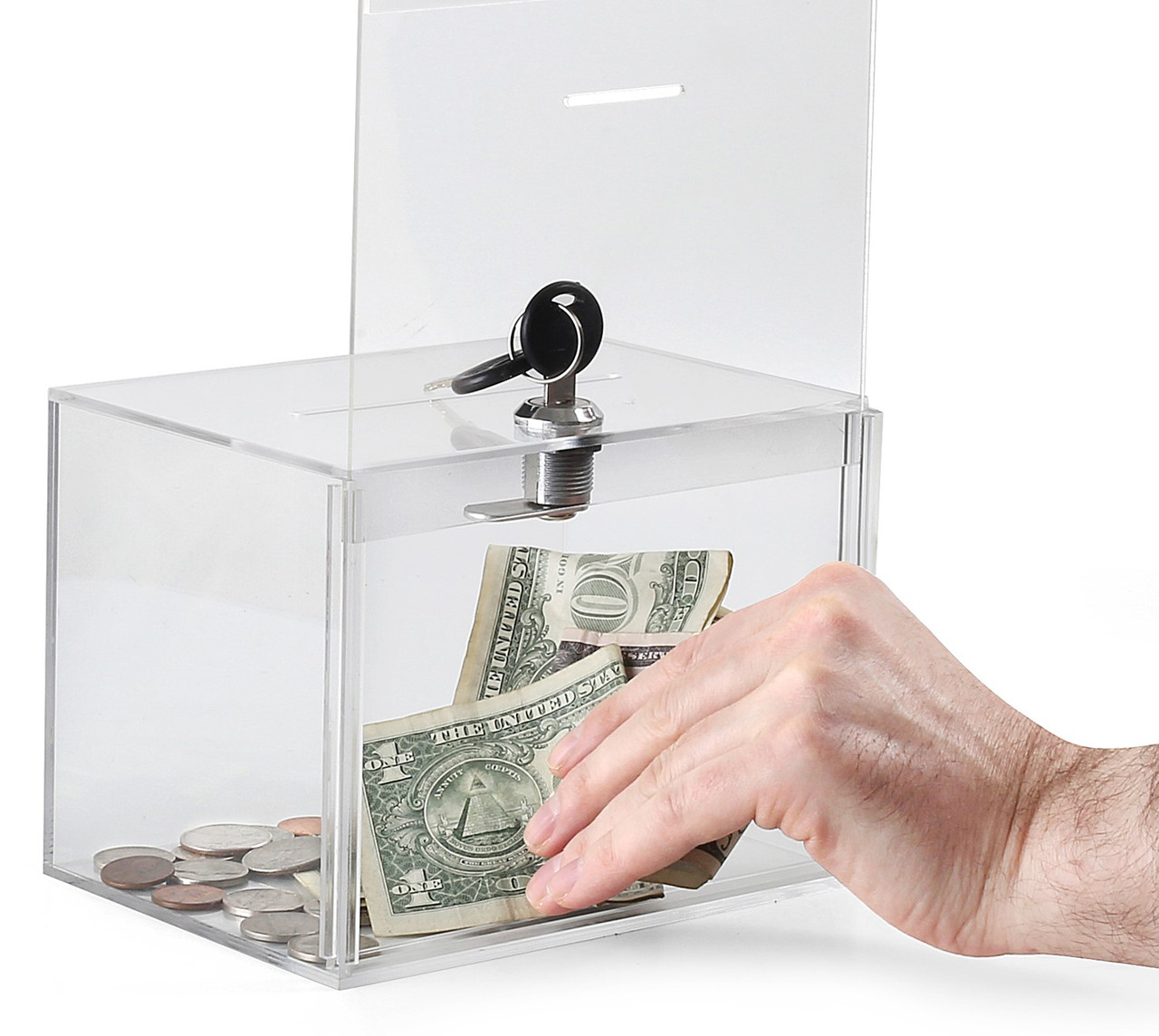 Medium Clear Acrylic Donation Box with Lock & Sign Display