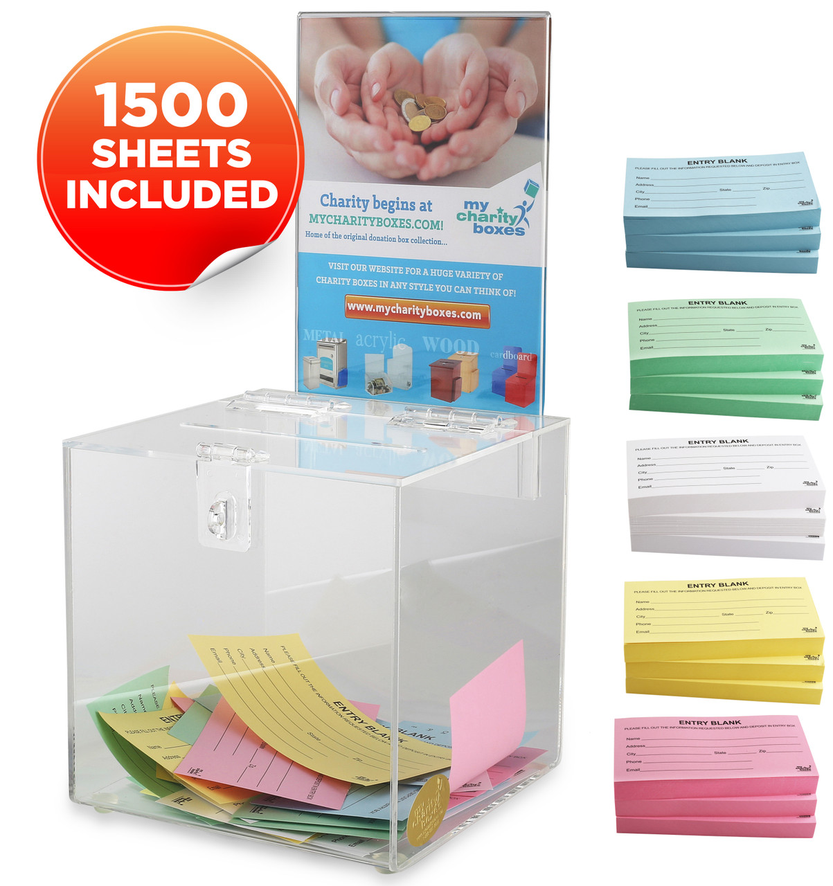 Large Acrylic Donation Box with Lock, Display, & 1500 Entry Cards