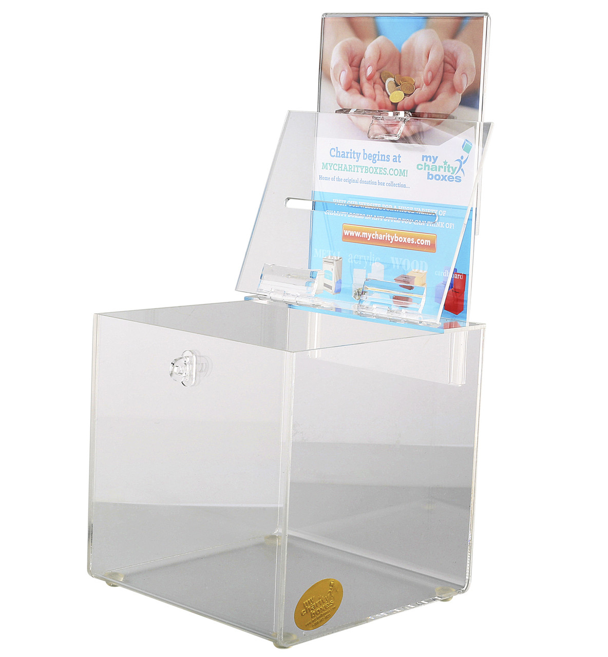 Large Acrylic Donation Box with Lock and Sign Display