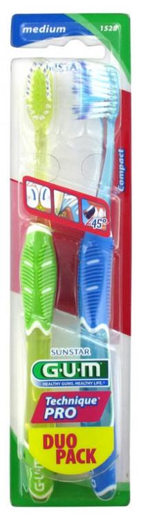 GUM Technique Pro Duo Pack 2 Medium Toothbrushes 1528 - Colour: Green ...
