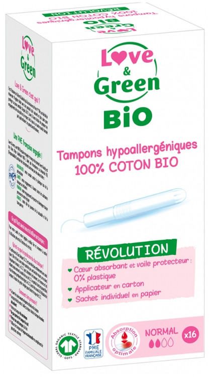 Love & Green Hypoallergenic Tampons 100% Organic Cotton 16 Regular ...