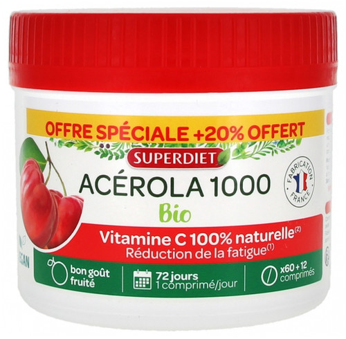 Superdiet Acerola 1000 Organic 60 Breakable Tablets to Crunch + 12 Free ...