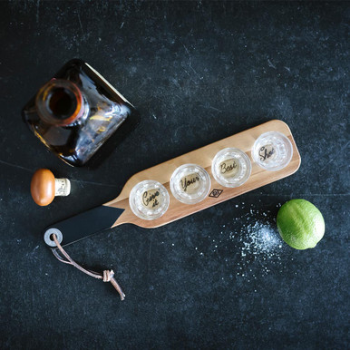 Wooden Serving Paddle and Shot Glasses Set
